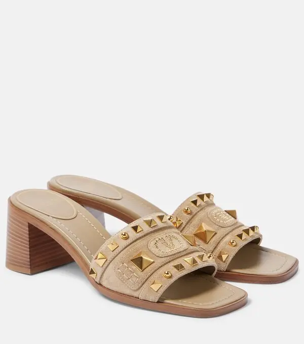 Valentino Garavani Studded Suede Mules - Beige