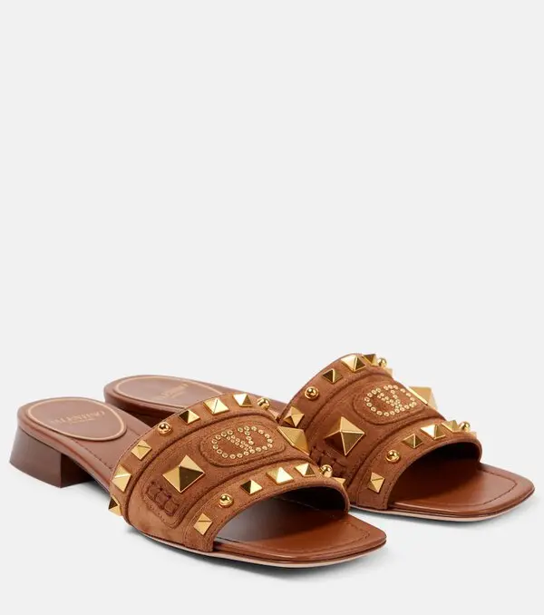 Valentino Garavani Studded Suede Slides - Brown