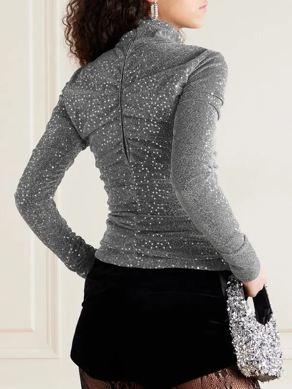 Dolce & Gabbana Ruched Sequin-embellished Lurex Turtleneck Blouse