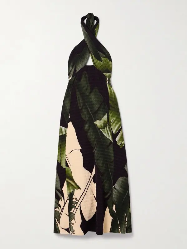 Johanna Ortiz Printed Plissé-satin Halterneck Midi Dress - Green