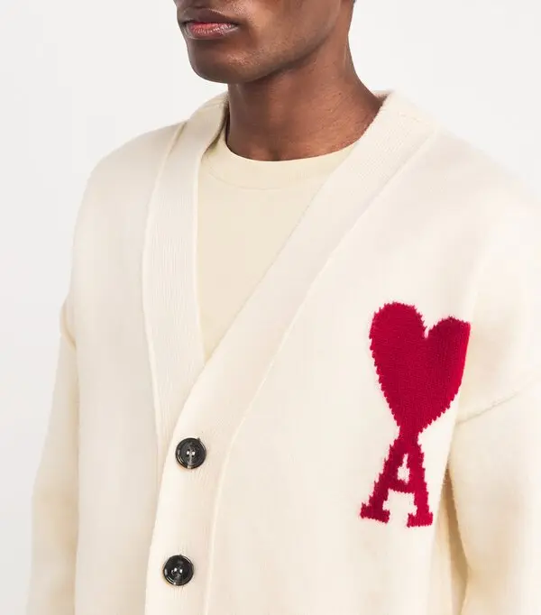 AMI Paris Virgin Wool De Coeur Cardigan - Ivory