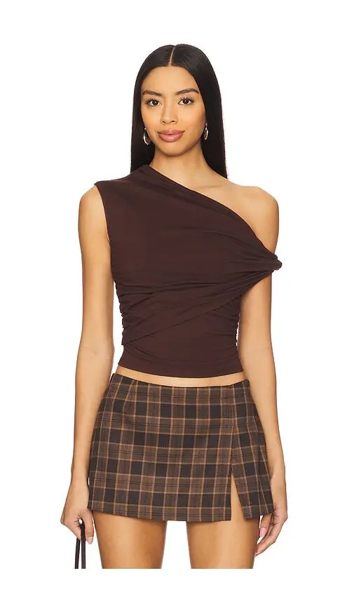 Superdown One Shoulder Draped Jersey Top - Chocolate