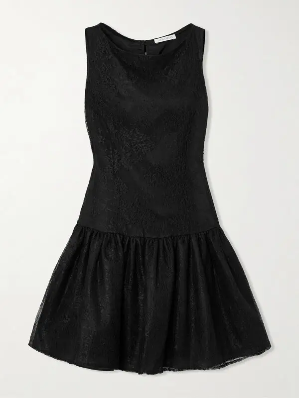 Nina Ricci Gathered Chantilly Lace Mini Dress With Velvet Bows