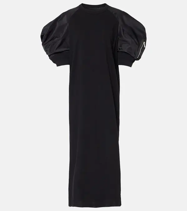 Sacai Puff-sleeve Cotton-blend Jersey Midi Dress - Black