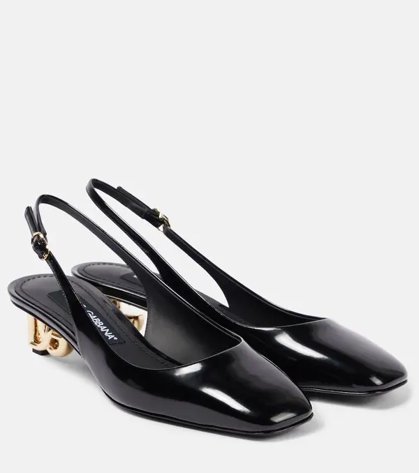 Dolce & Gabbana Patent Leather Slingback Pumps With Gold Tone Dg Heel - Black