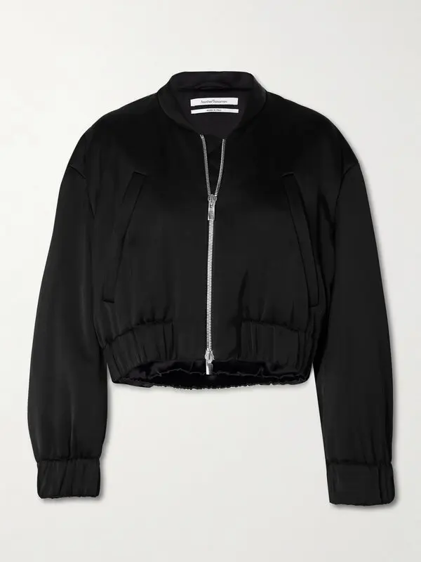 Another Tomorrow Cropped Satin Bomber Jacket - Black
