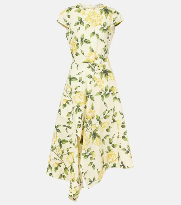 Oscar De La Renta Floral Cotton-blend Poplin Midi Dress - Yellow