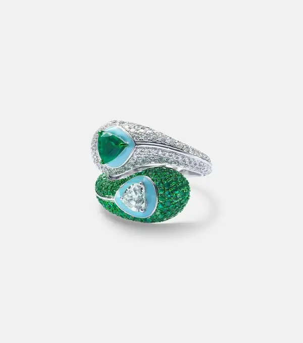 KAMYEN Ying Yang 18kt White Gold Ring With Enamel, Emeralds And Diamonds - Silver
