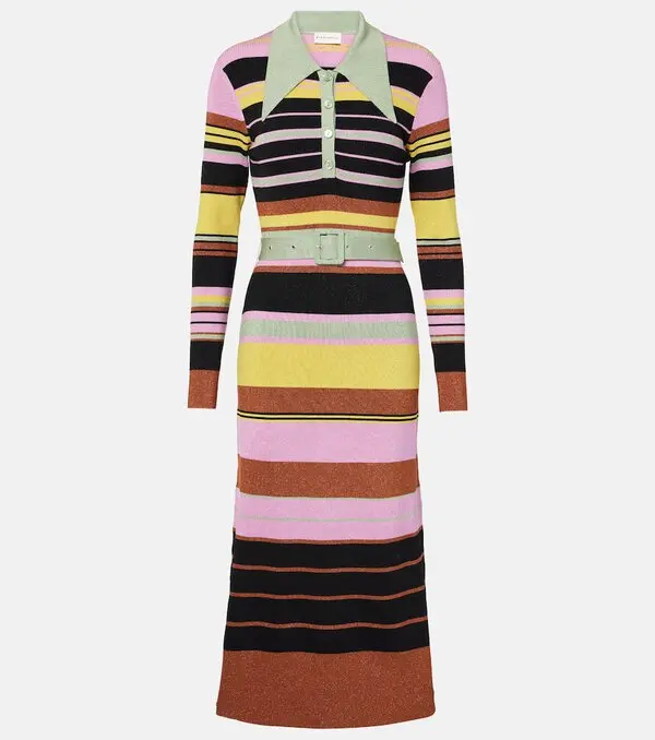 Rixo Striped Metallic Midi Dress With Belt