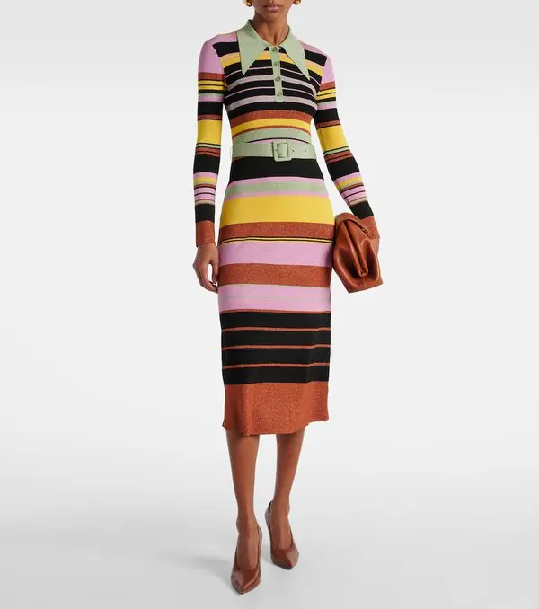 Rixo Striped Metallic Midi Dress With Belt