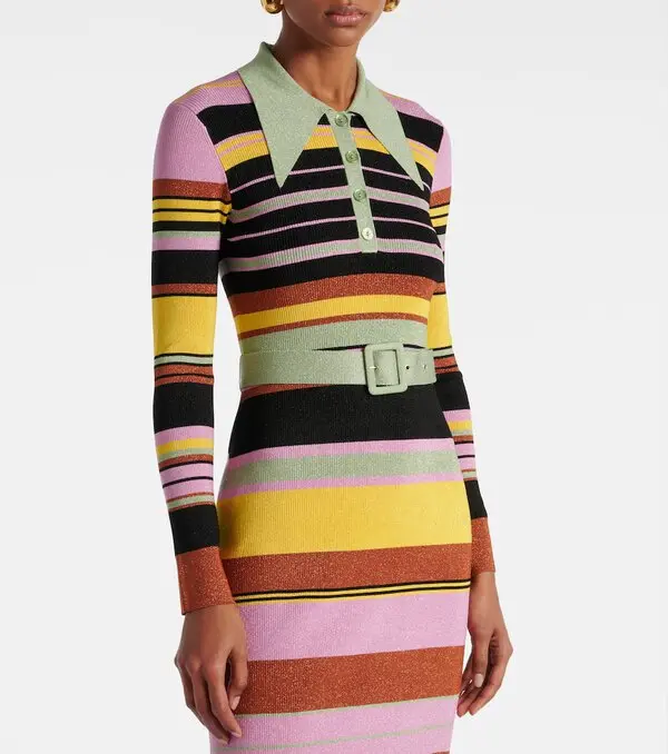 Rixo Striped Metallic Midi Dress With Belt