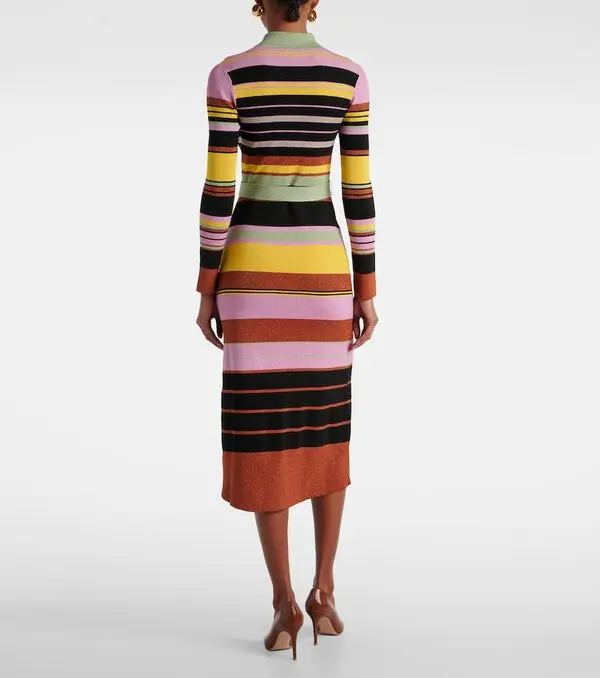 Rixo Striped Metallic Midi Dress With Belt