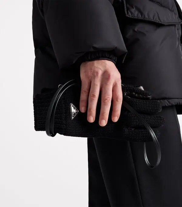 Prada Virgin Wool And Nappa Leather Gloves With Gold Tone Triangle Logo