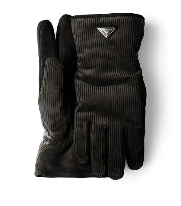 Prada Corduroy And Suede Logo Gloves - Black