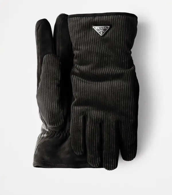 Prada Corduroy And Suede Logo Gloves - Black