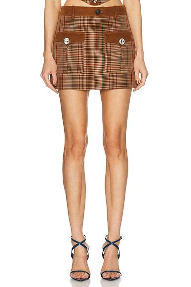 AREA Crystal Mini Skirt In Checked Twill - Caramel Mulit