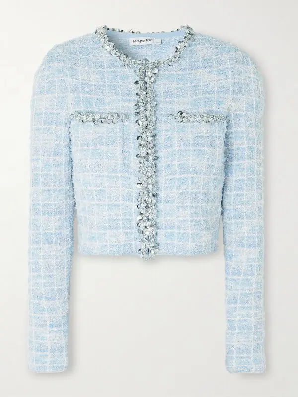 SELF-PORTRAIT Embellished Checked Bouclé-tweed Cardigan