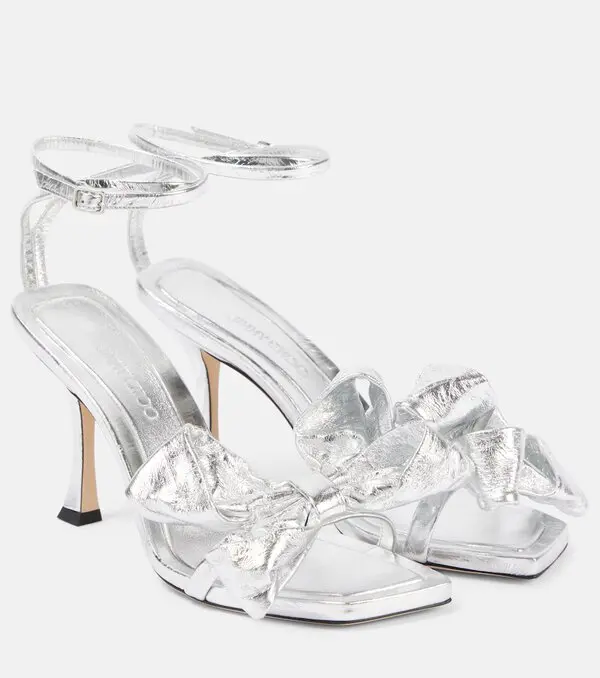 JIMMY CHOO Staz 90 Metallic Leather Bow Sandals - Silver