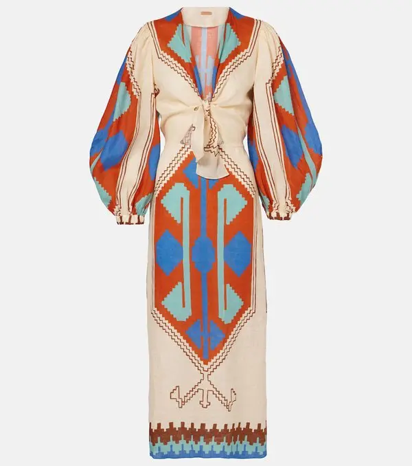 Johanna Ortiz Printed Tie-detail Linen Midi Dress - Multicoloured