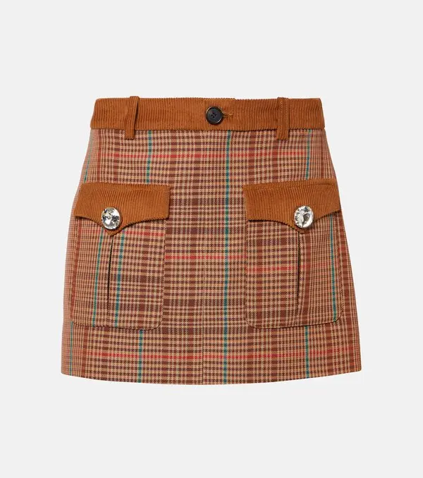 AREA Checked Wool-blend Miniskirt - Brown