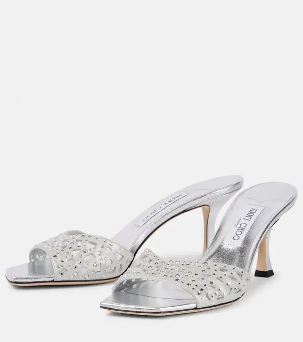 JIMMY CHOO Skye 70 Embellished Satin Mules - Silver