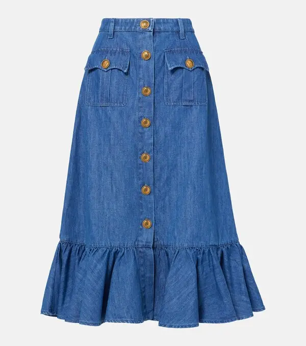 Valentino Garavani Denim Midi Skirt With Ruffle Hem - Blue