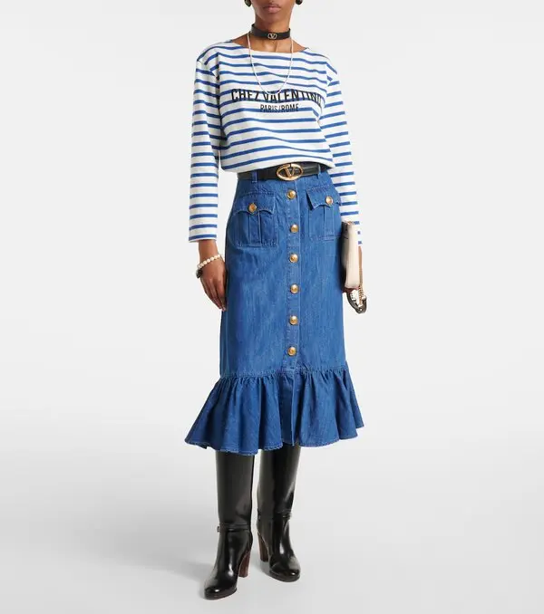Valentino Garavani Denim Midi Skirt With Ruffle Hem