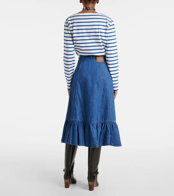 Valentino Garavani Denim Midi Skirt With Ruffle Hem