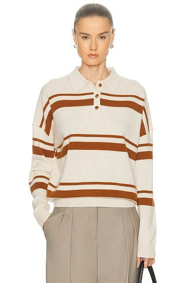 Renggli Cashmere Striped Polo Top - Eggshell & Saffron