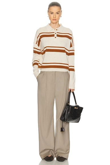 Renggli Cashmere Striped Polo Top - Eggshell & Saffron