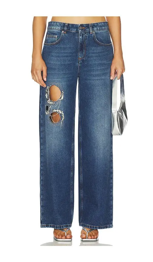 AREA Crystal Chain Cutout Relaxed Leg Jeans - Blue