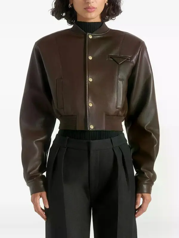 Manière De Voir Zina Leather Wide Shoulder Bomber Jacket - Brown