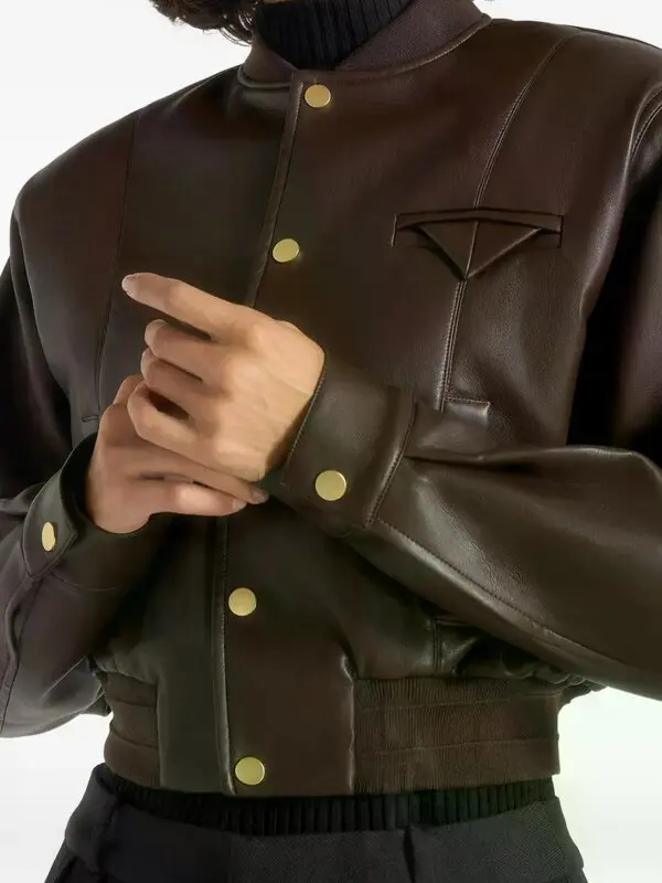 Manière De Voir Zina Leather Wide Shoulder Bomber Jacket - Brown