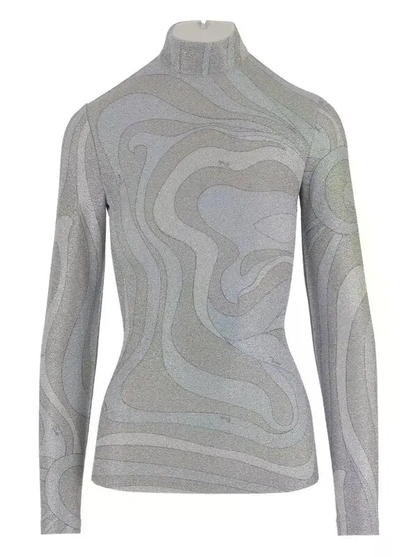 Emilio Pucci High Neck Long Sleeve Metallic Jersey Top - Grey