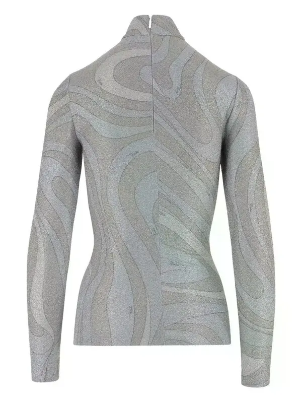 Emilio Pucci High Neck Long Sleeve Metallic Jersey Top - Grey