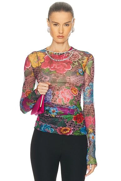 AREA Crystal Embellished Printed Tulle Long Sleeve Top