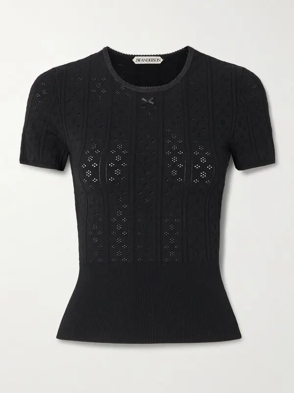 JW Anderson Bow-detailed Recycled Pointelle-knit T-shirt - Black
