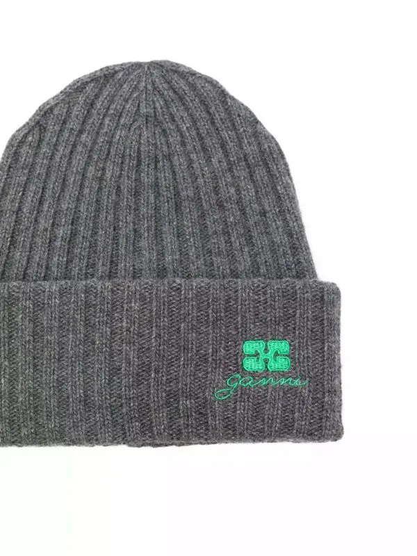 GANNI Ribbed Embroidered Beanie - Grey