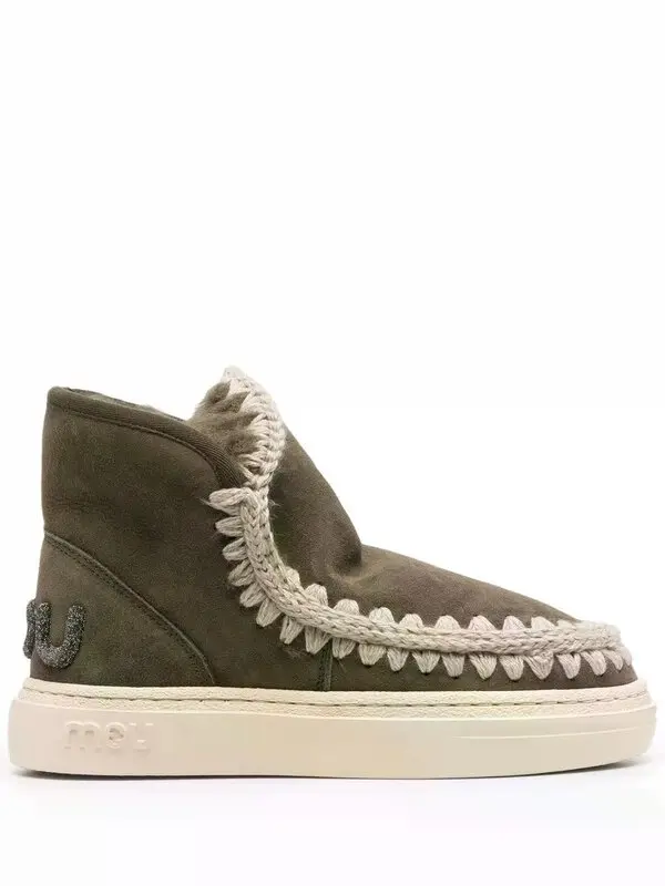 Mou Crochet Stitch-trim Boots - Green