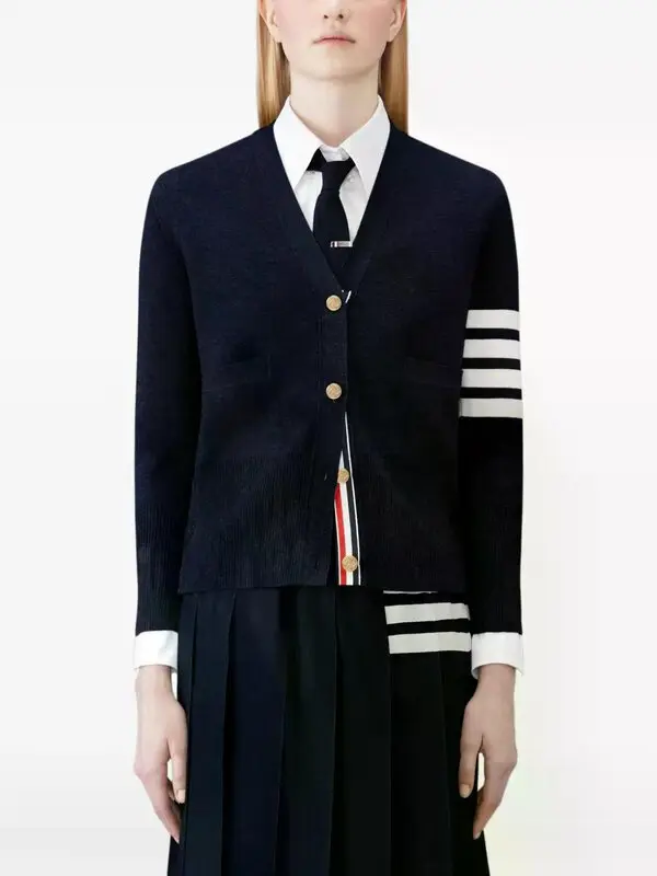 Thom Browne V-neck Cardigan With Four-bar Stripes - Blue