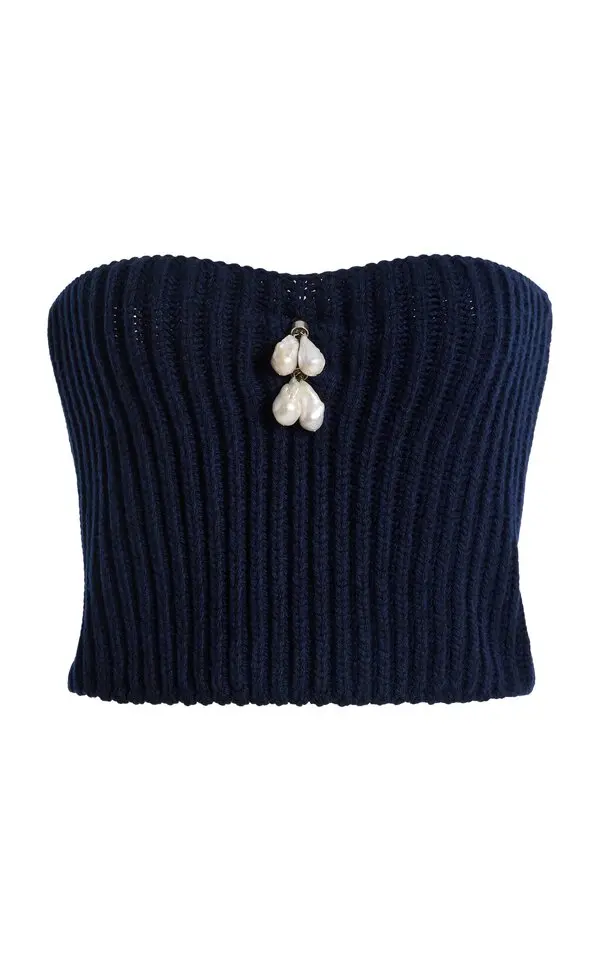 Prada Pearl-embellished Knit Bustier Top - Navy