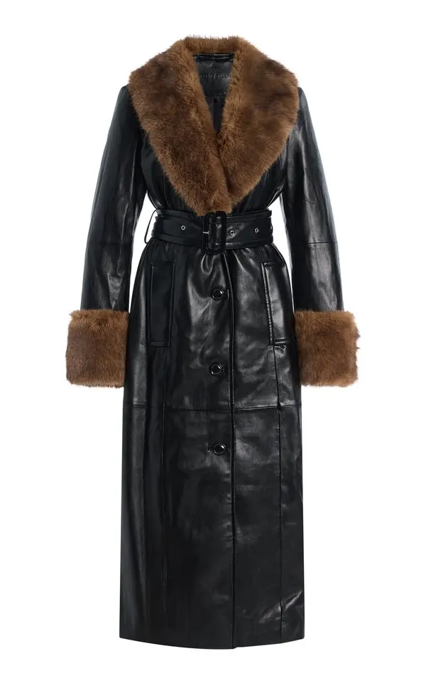 STAND STUDIO Estella Vegan Leather Coat With Faux Shearling Trim - Black