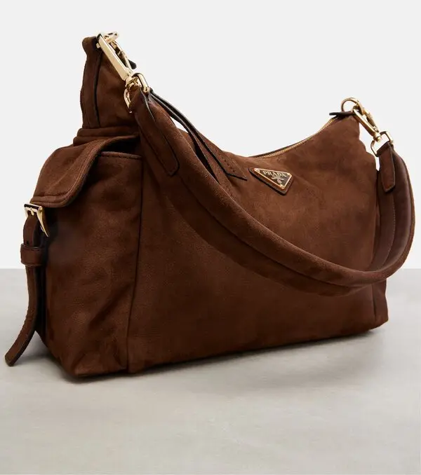 Prada Large Suede Shoulder Bag - Brown