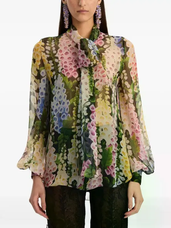 Oscar De La Renta Foxglove Print Silk Blouse