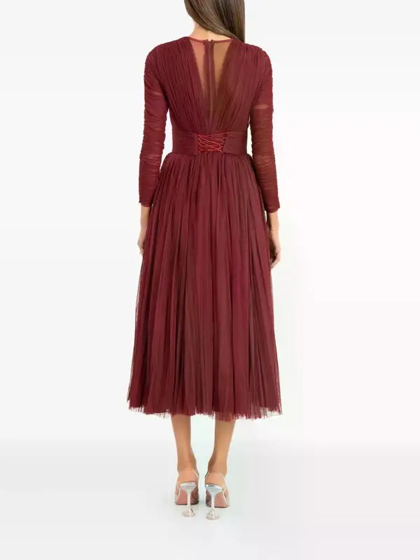 ANA RADU Bordeaux Pleated V-neck Midi Dress