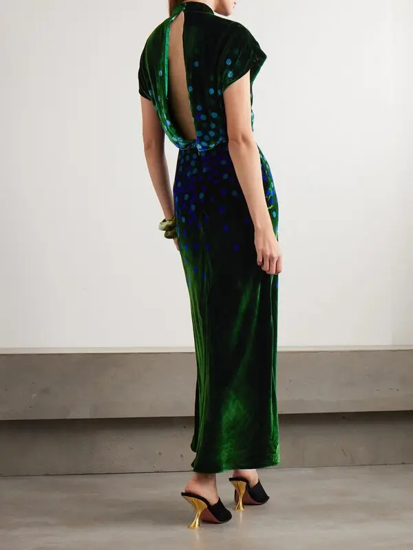 Saloni Fabienne Gathered Printed Velvet Midi Dress