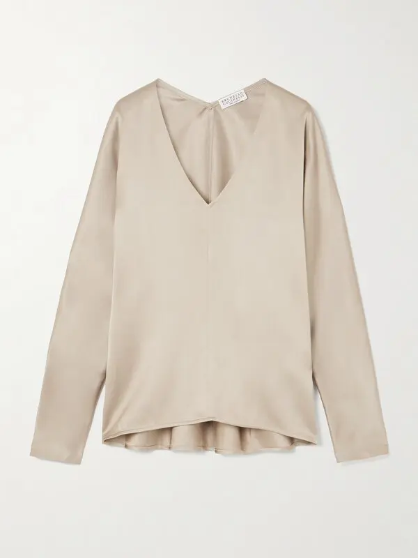 Brunello Cucinelli Silk-satin V-neck Blouse - Brown