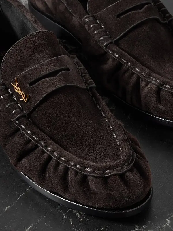 Saint Laurent Embellished Suede Loafers - Brown