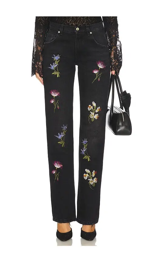 Blumarine Embroidered Denim Straight Leg Jeans - Black