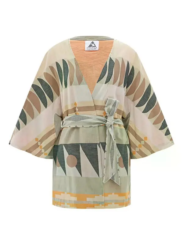 PEARL & CAVIAR Geometric Print Belted Coat
